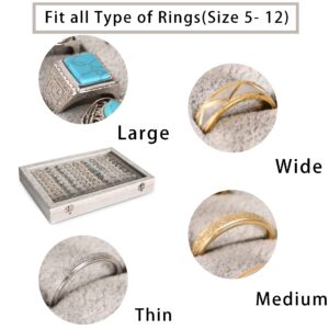 Frebeauty Ring Organizer Tray 100 Slots Ring Holder with Clear Lid Velvet Ring Storage Box Ring Tray for Jewelry Store Ring Display Case for Jewelry Show Ring Box for Women(Grey)