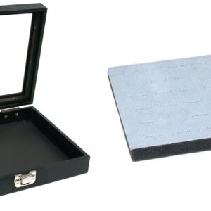 Black Sqaure Glass-top Case (Single Metal Latch) w/ 1 Tray Insert (Gray 36-Slot Foam Insert)