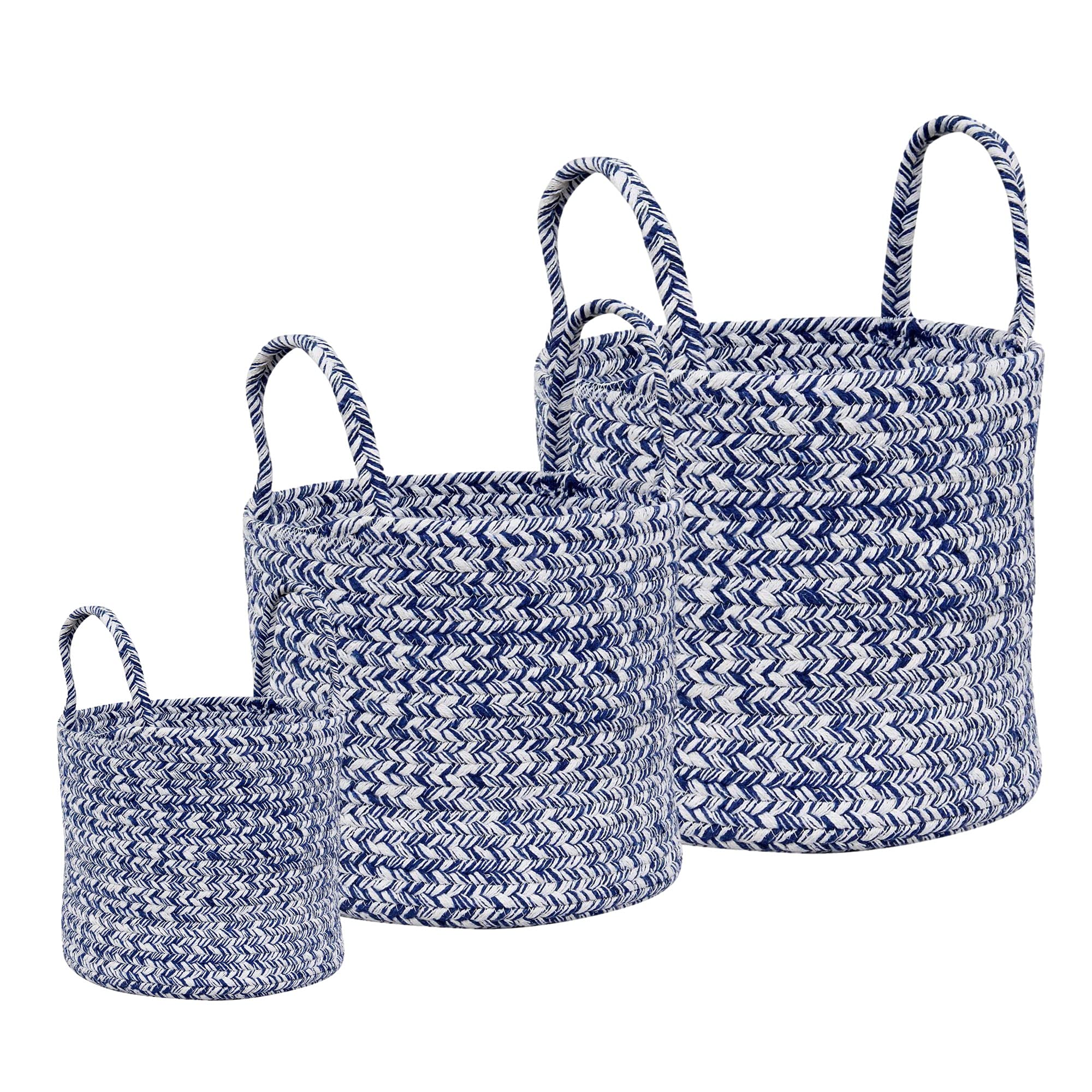 Super Area Rugs Farmhouse Plant Basket/Planter Multi Purpose Open Top Bin with Handles, Cotton Rope Basket, 8-inch, 10-inch and 12-inch Blue & White