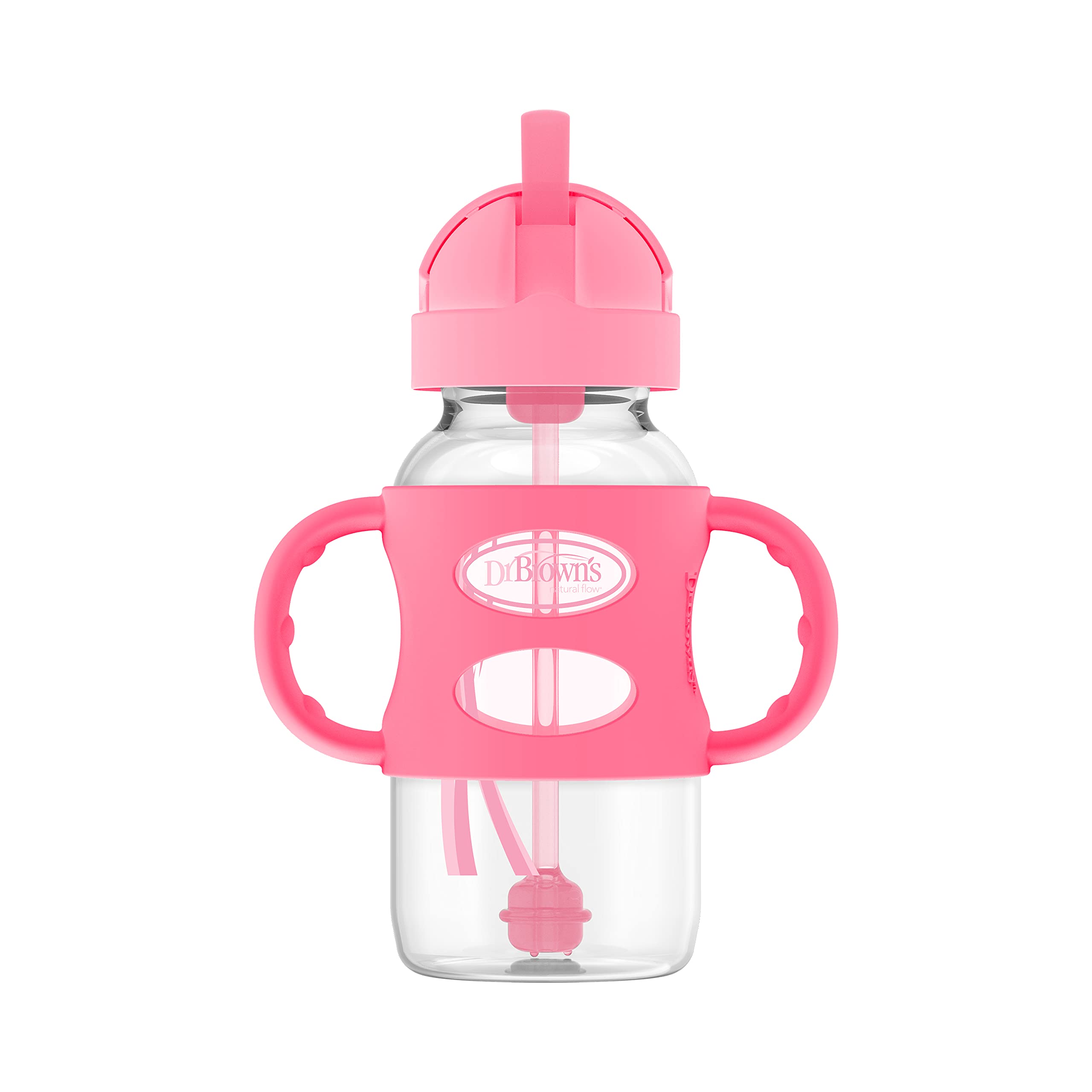 Dr. Brown's Milestones Wide-Neck Sippy Straw Bottle with 100% Silicone Handles and Weighted Straw, 9 oz/270 mL, Gray & Pink, 6m+