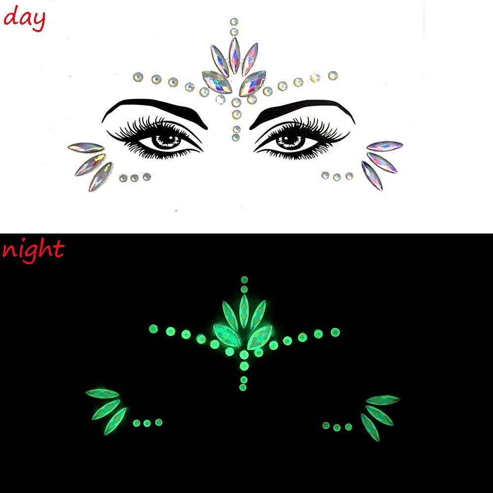 Luminous Face Gems Tattoo Stickers Body Jewelry Glow in the Dark Fluorescent Face Rhinestone Tattoo Noctilucent Temporary Tattoo Sparkly DIY Jewel Paste for Halloween Christmas Festival Makeup(4 Sets)