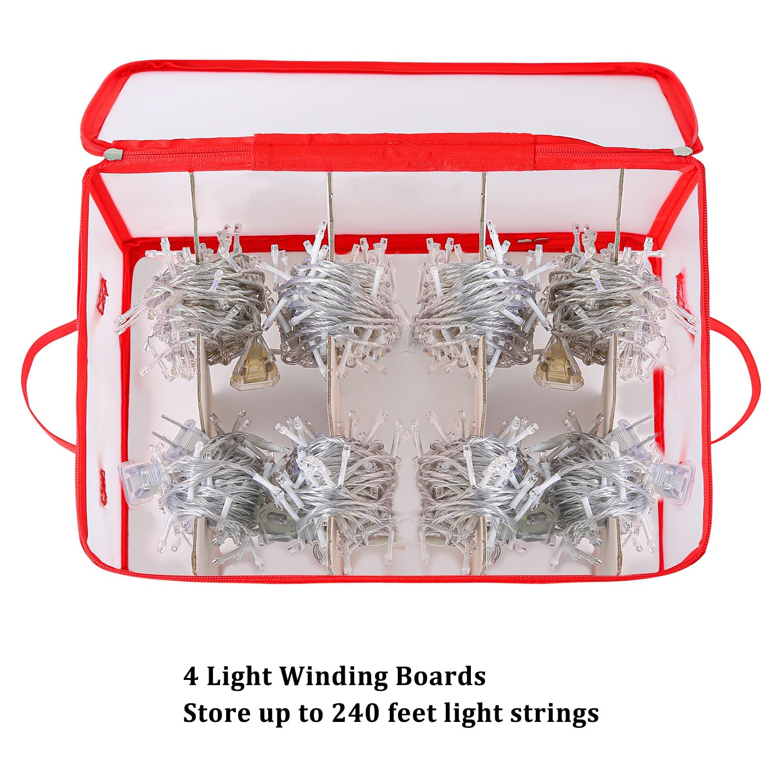 Phedrew Plastic Christmas Light Storage Box with 4 Cardboard Wraps and Dual Zipppered Closure Xmas Holiday Light Bulbs Storage Containers Christmas Light Storage Bins Organizers (1)