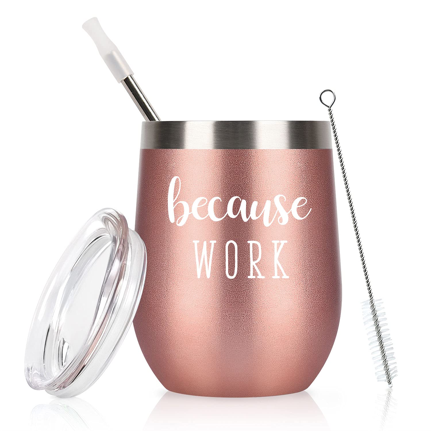 Qtencas Boss Day Gifts for Women, Because Work Stainless Steel Wine Tumbler, Boss Day Gifts Christmas Birthday Gifts for Boss Lady Gag Female Manager, Office Gifts for Coworker Staff(12oz, Rose Gold)