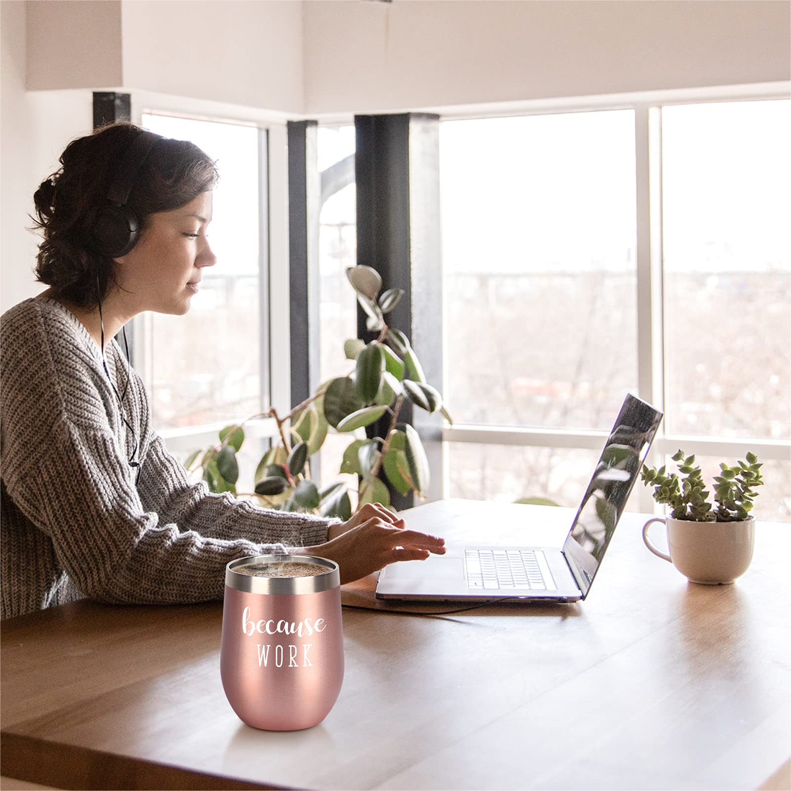 Qtencas Boss Day Gifts for Women, Because Work Stainless Steel Wine Tumbler, Boss Day Gifts Christmas Birthday Gifts for Boss Lady Gag Female Manager, Office Gifts for Coworker Staff(12oz, Rose Gold)