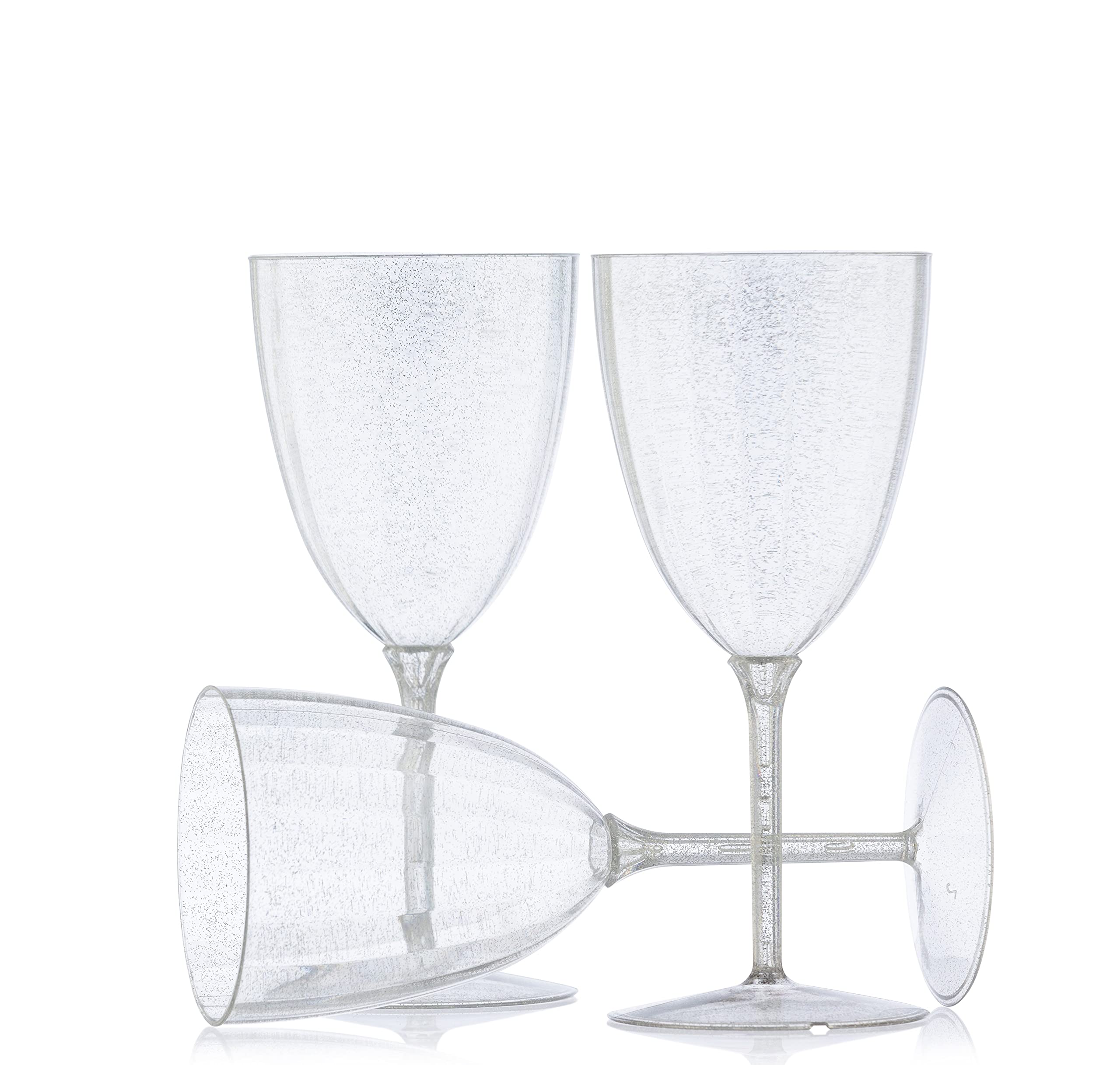 40 Piece Set of Disposable Silver Glitter Stemmed Wine Cups 7 Oz - For Parties, Date Nights, Formal Dinners, Wine Tasting