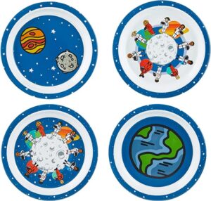 4 piece kid space themed plate set, 4 plates with different designs, lightweight & shatterproof toddler feeding set, children safe kitchen set, fun mealtime, little kid dinner plates