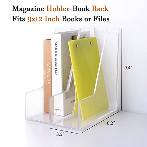 HeZone Magazine Holder, Clear Acrylic Desk Organizers, File Organizer for Desk, Magazine Rack- Desktop Book Storage -Independent Vertical 1 Space-2 Pack