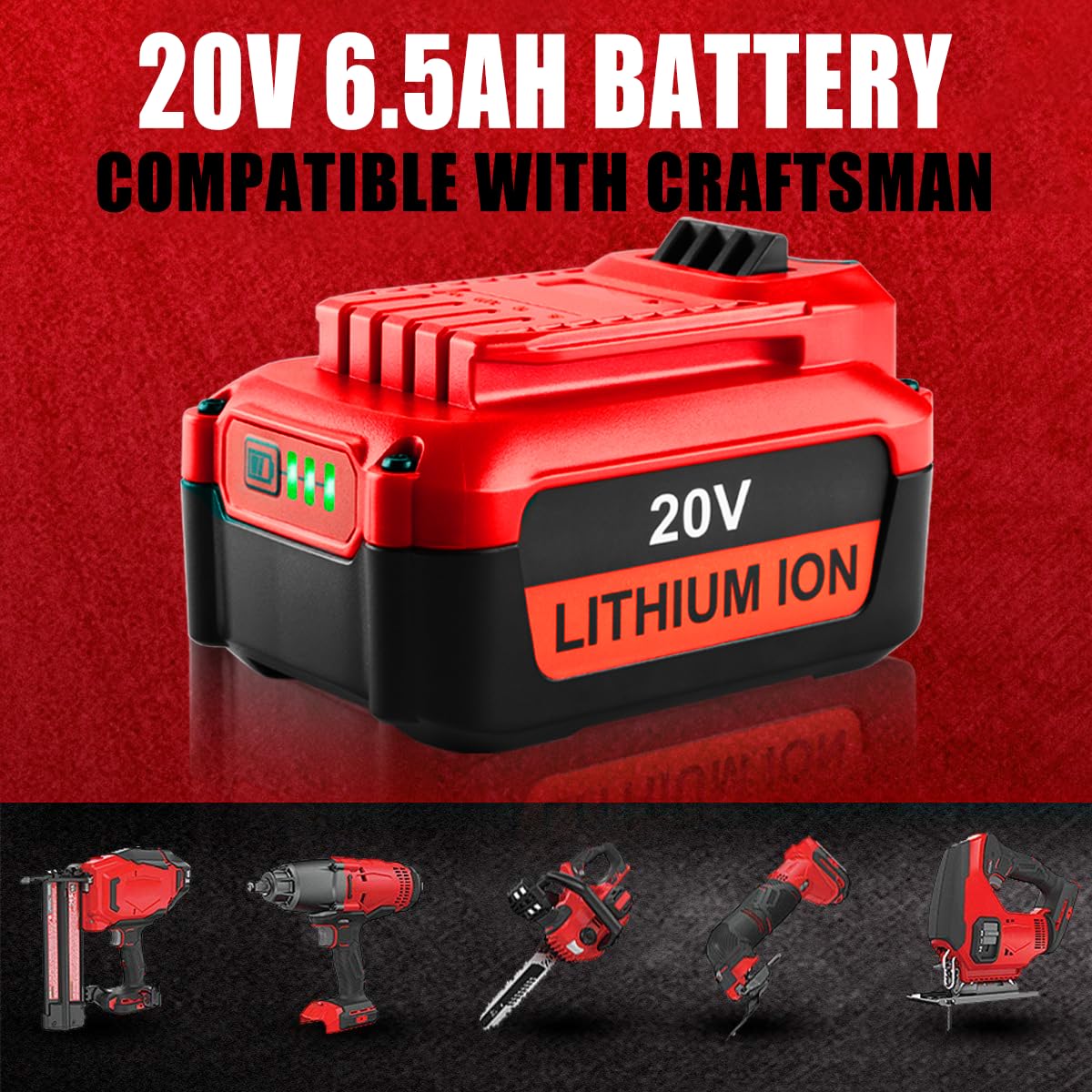 Ahomtikk 2 Pack 20V 6.5Ah Replacement Battery for Craftsman V20 Lithium Ion Battery CMCB205 CMCB204 CMCB204-2 CMCB202 CMCB202-2 Craftsman 20 Volt Battery (All of V20 Cordless Tool Series)