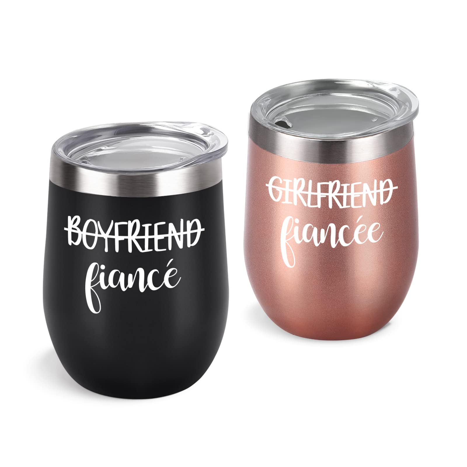 Lifecapido Engagement Gifts for Couple, Boyfriend and Girlfriend Wine Tumbler Set, Engaged Gifts for Fiance Fiancee Her Women Friends, 12oz Stainless Steel Insulated Tumbler with Lid, Rose Gold&Black