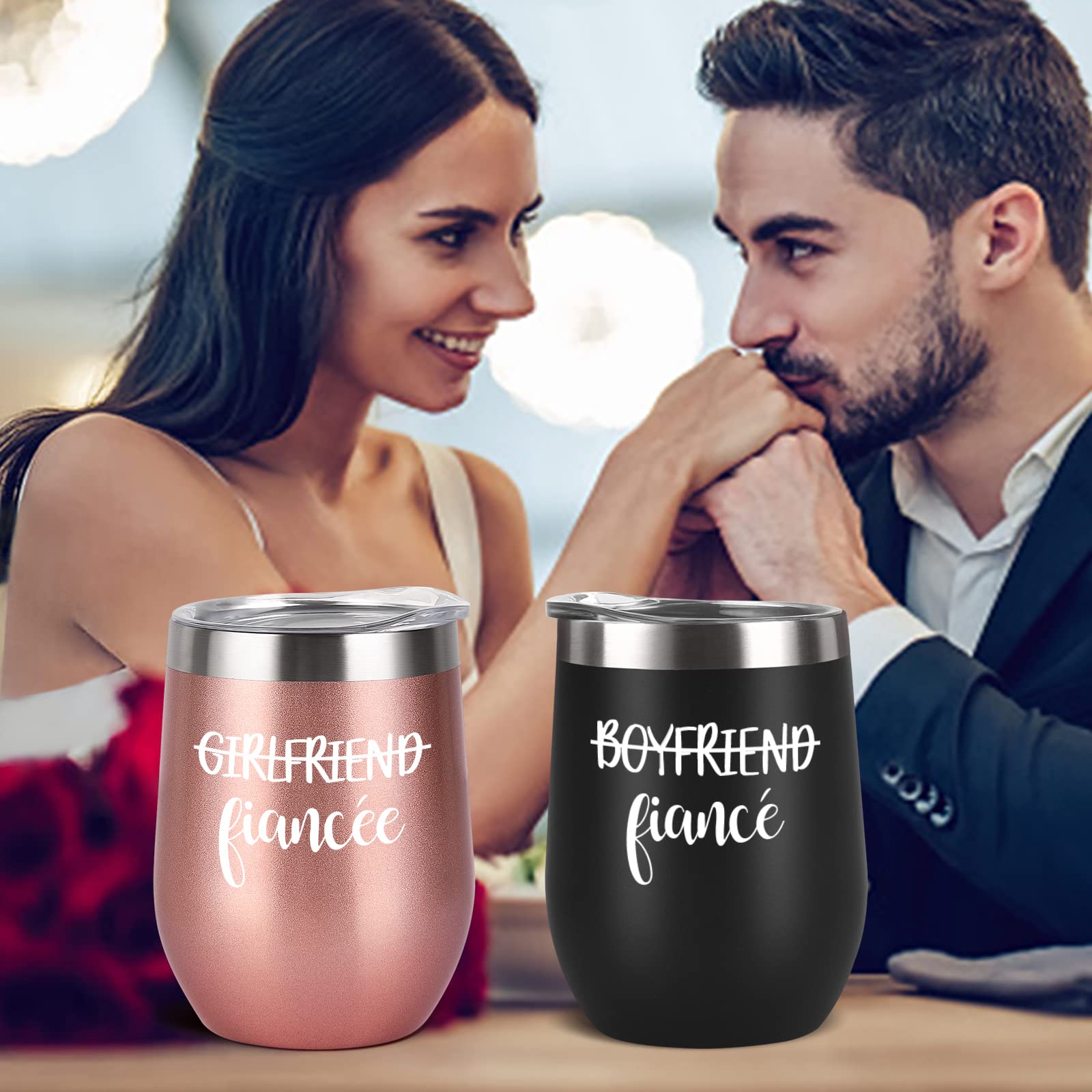 Lifecapido Engagement Gifts for Couple, Boyfriend and Girlfriend Wine Tumbler Set, Engaged Gifts for Fiance Fiancee Her Women Friends, 12oz Stainless Steel Insulated Tumbler with Lid, Rose Gold&Black