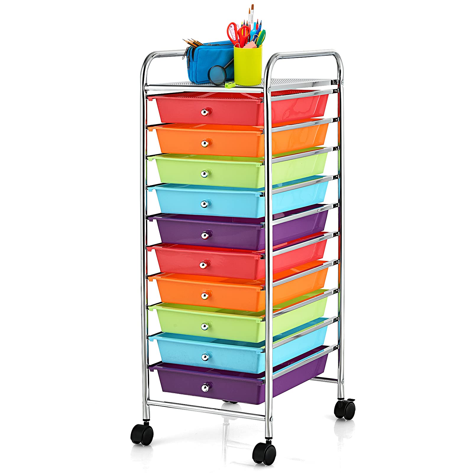 KOTEK 10-Drawer Rolling Storage Cart, Multipurpose Utility Cart Mobile Craft Cart w/Drawers & Wheels, Home Office School Tools Scrapbook Paper Organizer (Multicolor-Combo2)