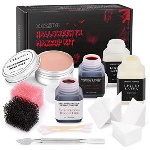 chaspa halloween liquid latex special effects sfx makeup kit - scar wax + 2 btl liquid latex + 2 btl fake blood + spatula tool + 2pcs stipple sponge + 4pcs makeup sponges + cotton swabs