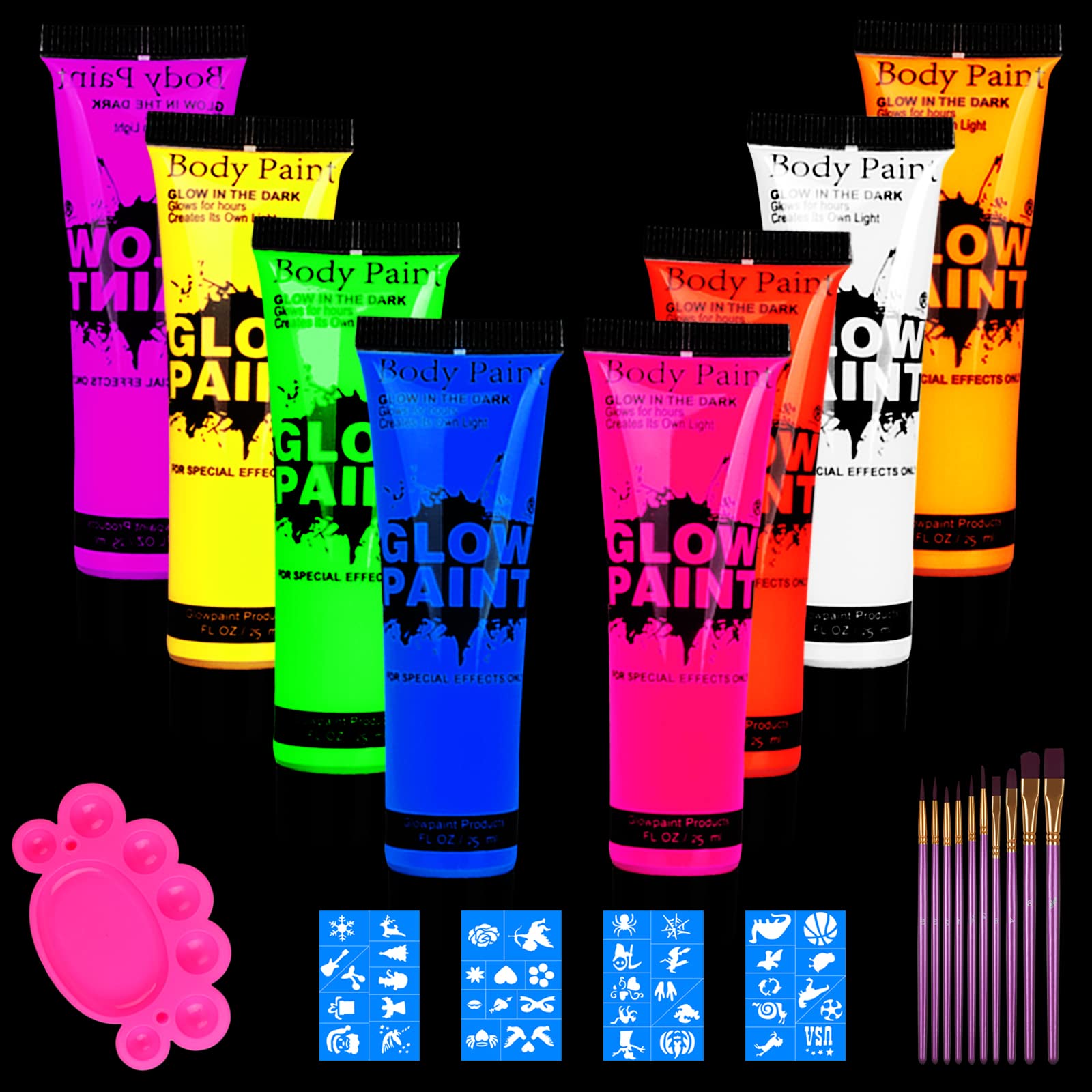 Lookmee Blacklight Neon Face and Body Paint , 0.84oz Set of 8 Tubes , Blacklight Neon Fluorescent