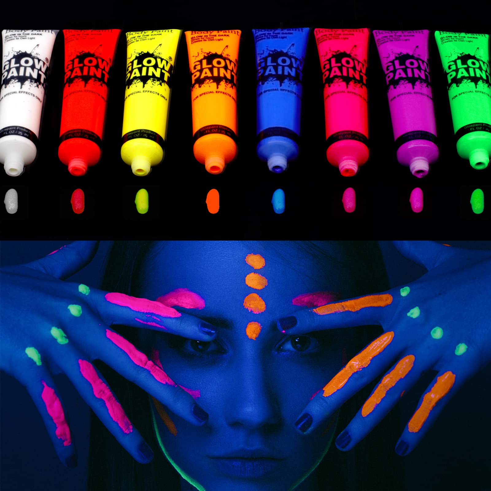 Lookmee Blacklight Neon Face and Body Paint , 0.84oz Set of 8 Tubes , Blacklight Neon Fluorescent