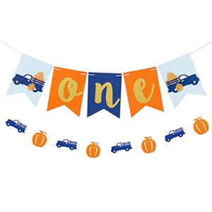 pumpkin one birthday banner and pumpkin truck birthday garland banner, fall harvest themed first birthday banner decorations, thanksgiving fall pumpkin themed 1st birthday party decorations supplies