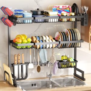 over the sink dish drying rack, 3 tier adjustable (33.8 to 41.5 inch) large capacity kitchen counter dish drying rack with fruit basket utensil holder sink caddy cup holder, black