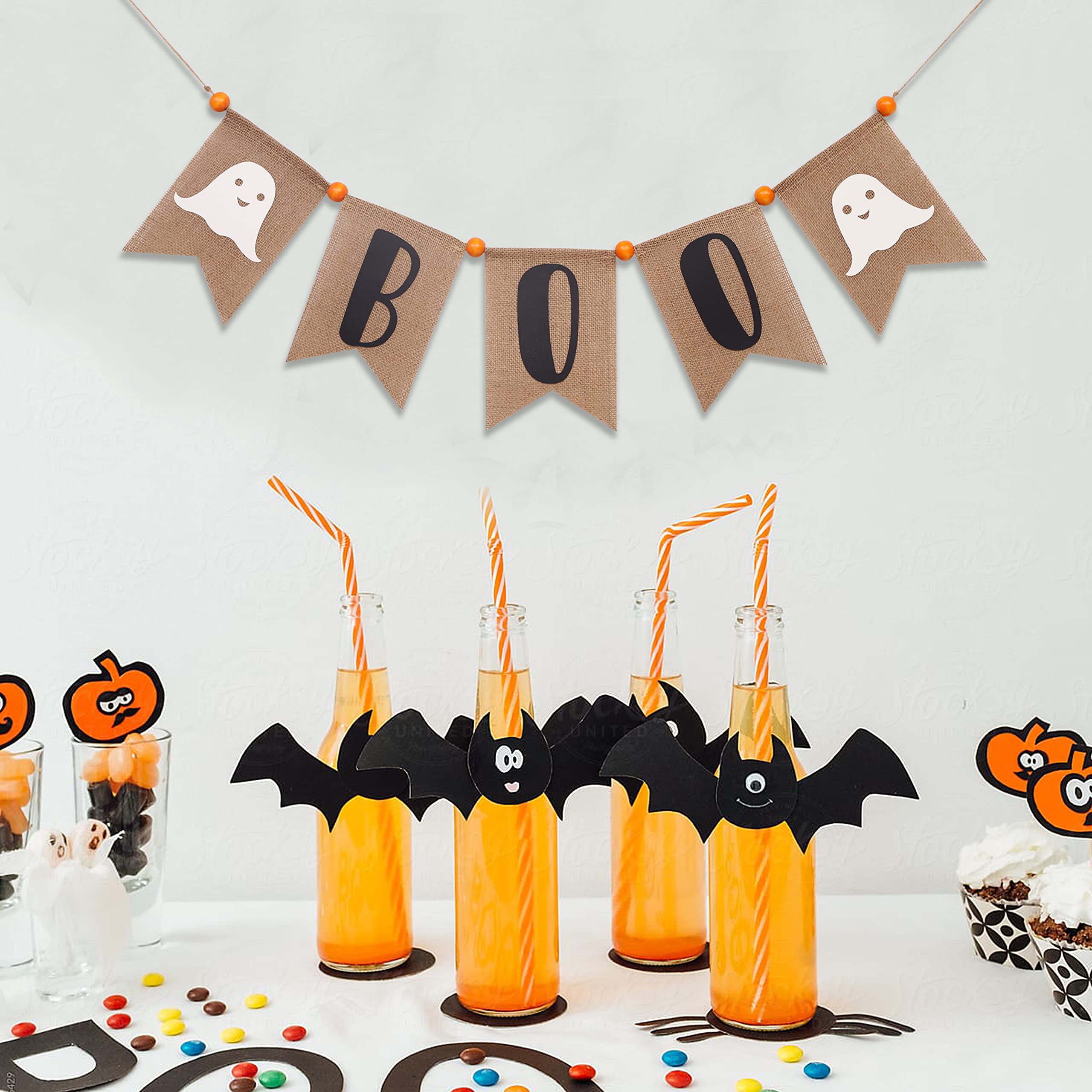 Boo Burlap Banner - Scary Halloween Decoration, Halloween Party Decorations, Here for The Boos Banner with Ghost, Fireplace Garland