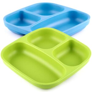 get fresh pla kids divided plates set – 2-pack melamine-free sectioned plates for kids and toddlers – stackable bpa-free childrens dinnerware divider plates – reusable 3 compartment kids plates