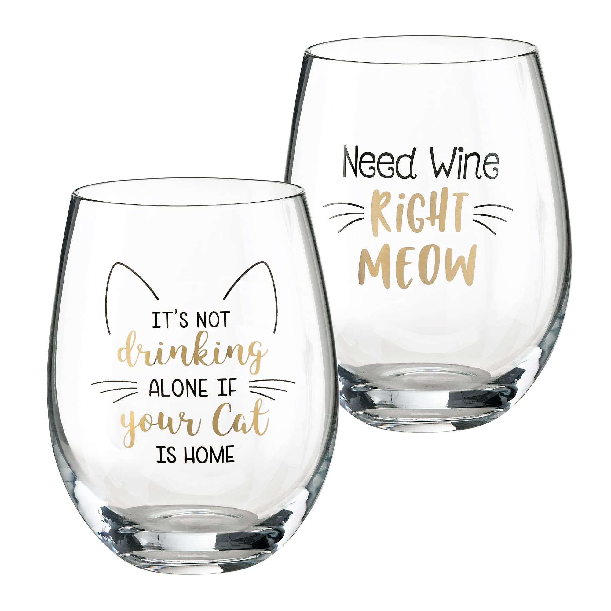 Lillian Rose 2 Cat Lover Wine Glasses with Funny Sayings, 2 Count (Pack of 1), Clear