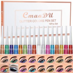 aseawave 16 colors liquid glitter eyeliner set, metallic shimmer glitter eyeshadow, colorful rainbow eyeliner long lasting waterproof face lips art for party festival makeup