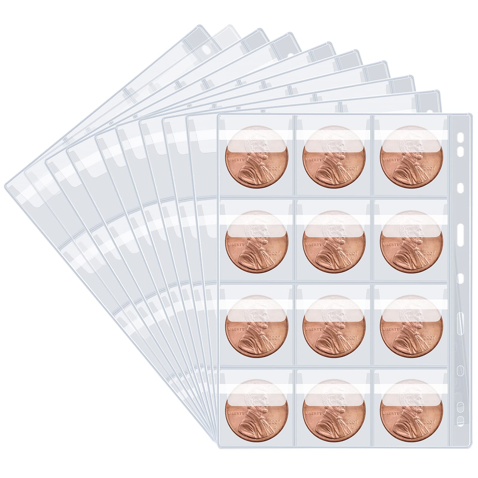 10 Sheets Coin Collection Pages - Coins Pocket Page with 120 Pockets. Coin Binder Inserts Sleeves with Standard 9 Hole for Coin Album. Storage Holder for Currency, Stamp, Badges and Other Supplies