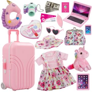 windolls 18 inch doll suitcase travel luggage play accessories - 18" doll clothes accessories travel carrier storage set, include case, doll clothes, hat, sunglasses, camera, pillow, toy pet, etc