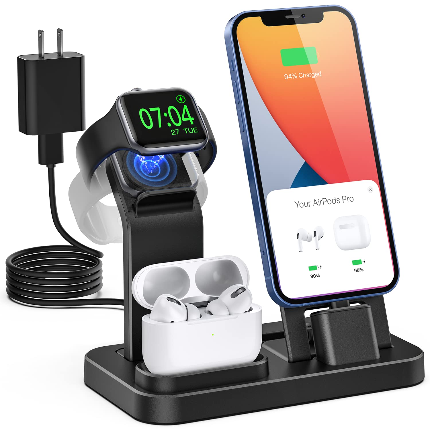 3 in 1 Charging Station Compatible with Apple Watch iPhone AirPods with 15W Adapter