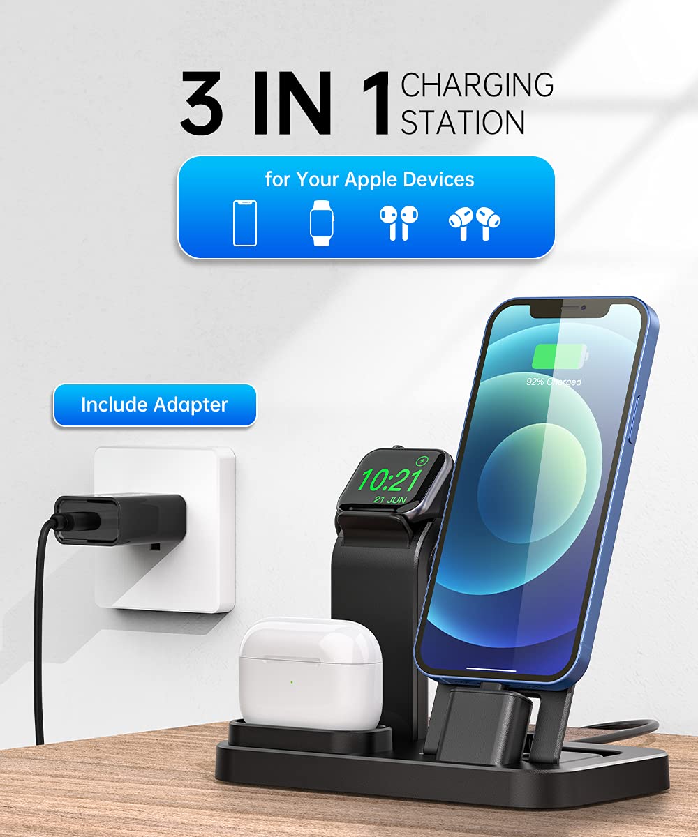 3 in 1 Charging Station Compatible with Apple Watch iPhone AirPods with 15W Adapter