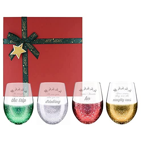 Christmas Stemless Santa Wine Glasses, Handmade Etched Wine Glasses, 4 Pack