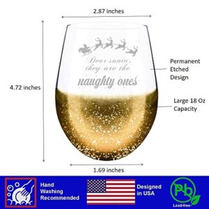 Christmas Stemless Santa Wine Glasses, Handmade Etched Wine Glasses, 4 Pack