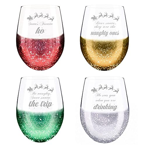 Christmas Stemless Santa Wine Glasses, Handmade Etched Wine Glasses, 4 Pack