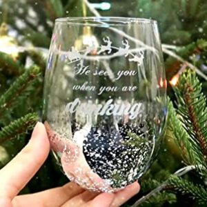 Christmas Stemless Santa Wine Glasses, Handmade Etched Wine Glasses, 4 Pack