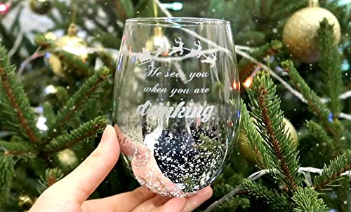 Christmas Stemless Santa Wine Glasses, Handmade Etched Wine Glasses, 4 Pack