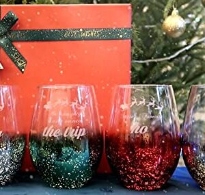 Christmas Stemless Santa Wine Glasses, Handmade Etched Wine Glasses, 4 Pack