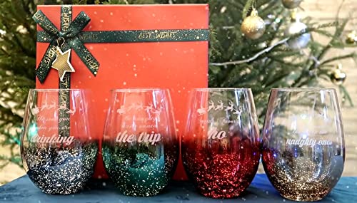 Christmas Stemless Santa Wine Glasses, Handmade Etched Wine Glasses, 4 Pack