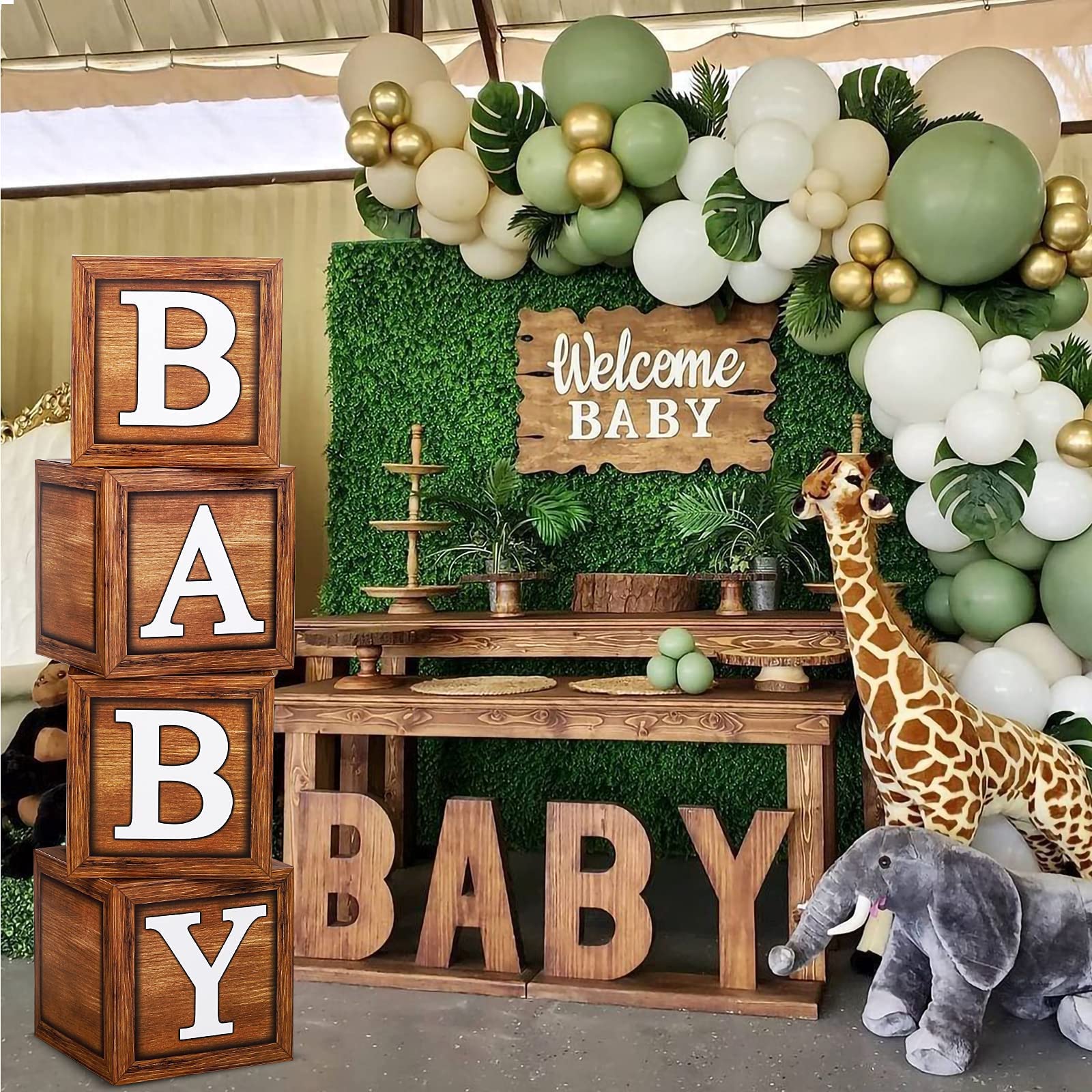 Baby Shower Boxes Party Decorations - 4 Wood Grain Brown Blocks with BABY Letter, Printed Letters,First Birthday Centerpiece Decor, Teddy Bear Baby Shower Supplies, Gender Reveal Backdrop