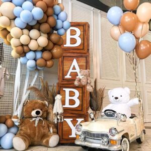 Baby Shower Boxes Party Decorations - 4 Wood Grain Brown Blocks with BABY Letter, Printed Letters,First Birthday Centerpiece Decor, Teddy Bear Baby Shower Supplies, Gender Reveal Backdrop