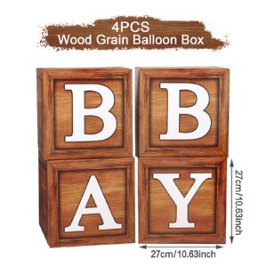 Baby Shower Boxes Party Decorations - 4 Wood Grain Brown Blocks with BABY Letter, Printed Letters,First Birthday Centerpiece Decor, Teddy Bear Baby Shower Supplies, Gender Reveal Backdrop