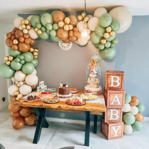 Baby Shower Boxes Party Decorations - 4 Wood Grain Brown Blocks with BABY Letter, Printed Letters,First Birthday Centerpiece Decor, Teddy Bear Baby Shower Supplies, Gender Reveal Backdrop