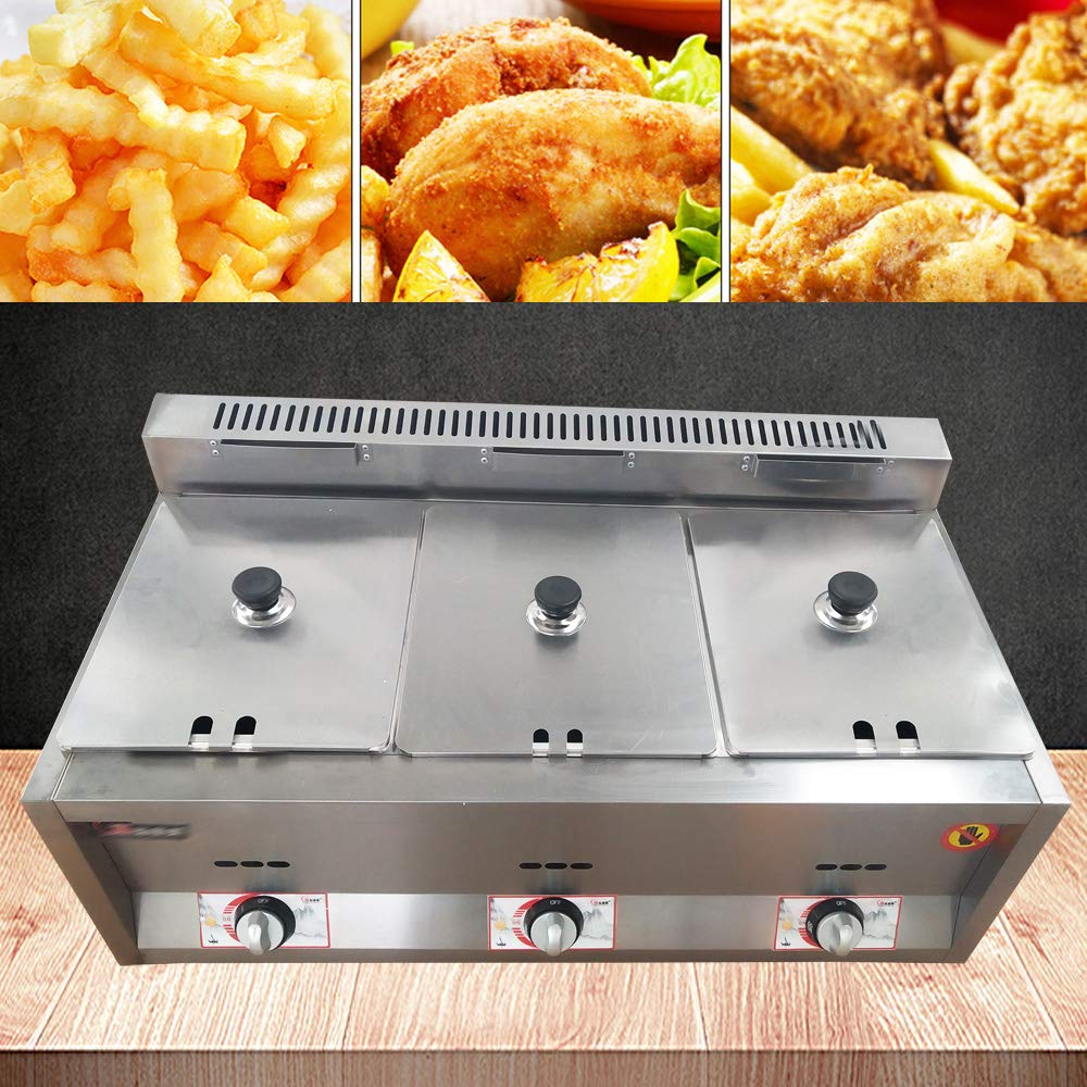 Fetcoi LPG Gas Deep Fryer, Propane LPG Stainless Steel Commercial Countertop Deep Fryer Machine for French Fries Restaurant Home Kitchen, 3 x 6L