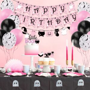 Halloween Birthday Party Decorations, Pink Halloween Happy Birthday Banner,Little Boo Cake Topper with Ghost and 30Pcs Bat Balloons for Halloween Scary Theme Baby Shower,Kids Halloween Birthday Party