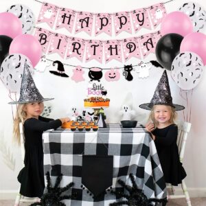 Halloween Birthday Party Decorations, Pink Halloween Happy Birthday Banner,Little Boo Cake Topper with Ghost and 30Pcs Bat Balloons for Halloween Scary Theme Baby Shower,Kids Halloween Birthday Party