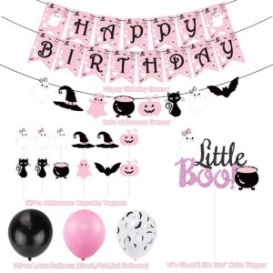 Halloween Birthday Party Decorations, Pink Halloween Happy Birthday Banner,Little Boo Cake Topper with Ghost and 30Pcs Bat Balloons for Halloween Scary Theme Baby Shower,Kids Halloween Birthday Party