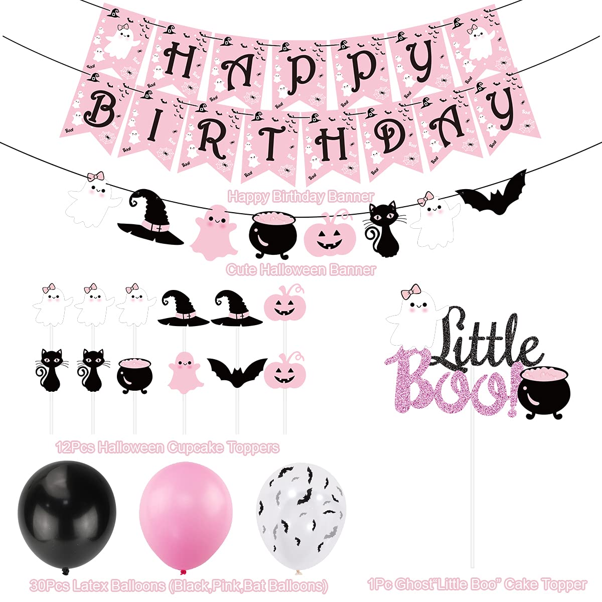 Halloween Birthday Party Decorations, Pink Halloween Happy Birthday Banner,Little Boo Cake Topper with Ghost and 30Pcs Bat Balloons for Halloween Scary Theme Baby Shower,Kids Halloween Birthday Party