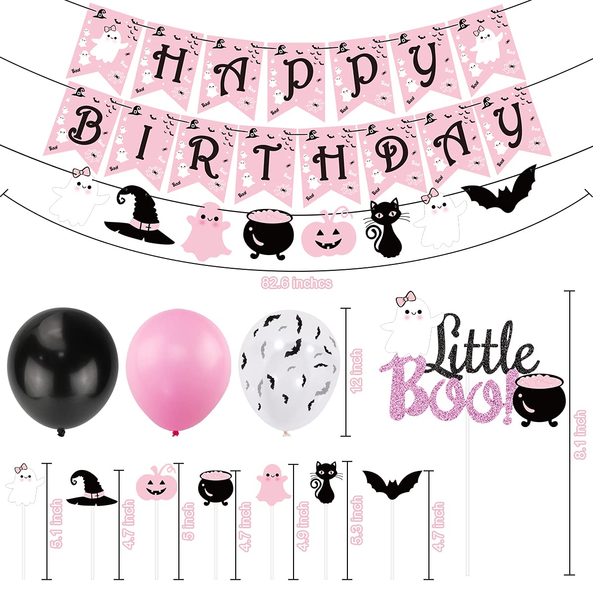 Halloween Birthday Party Decorations, Pink Halloween Happy Birthday Banner,Little Boo Cake Topper with Ghost and 30Pcs Bat Balloons for Halloween Scary Theme Baby Shower,Kids Halloween Birthday Party