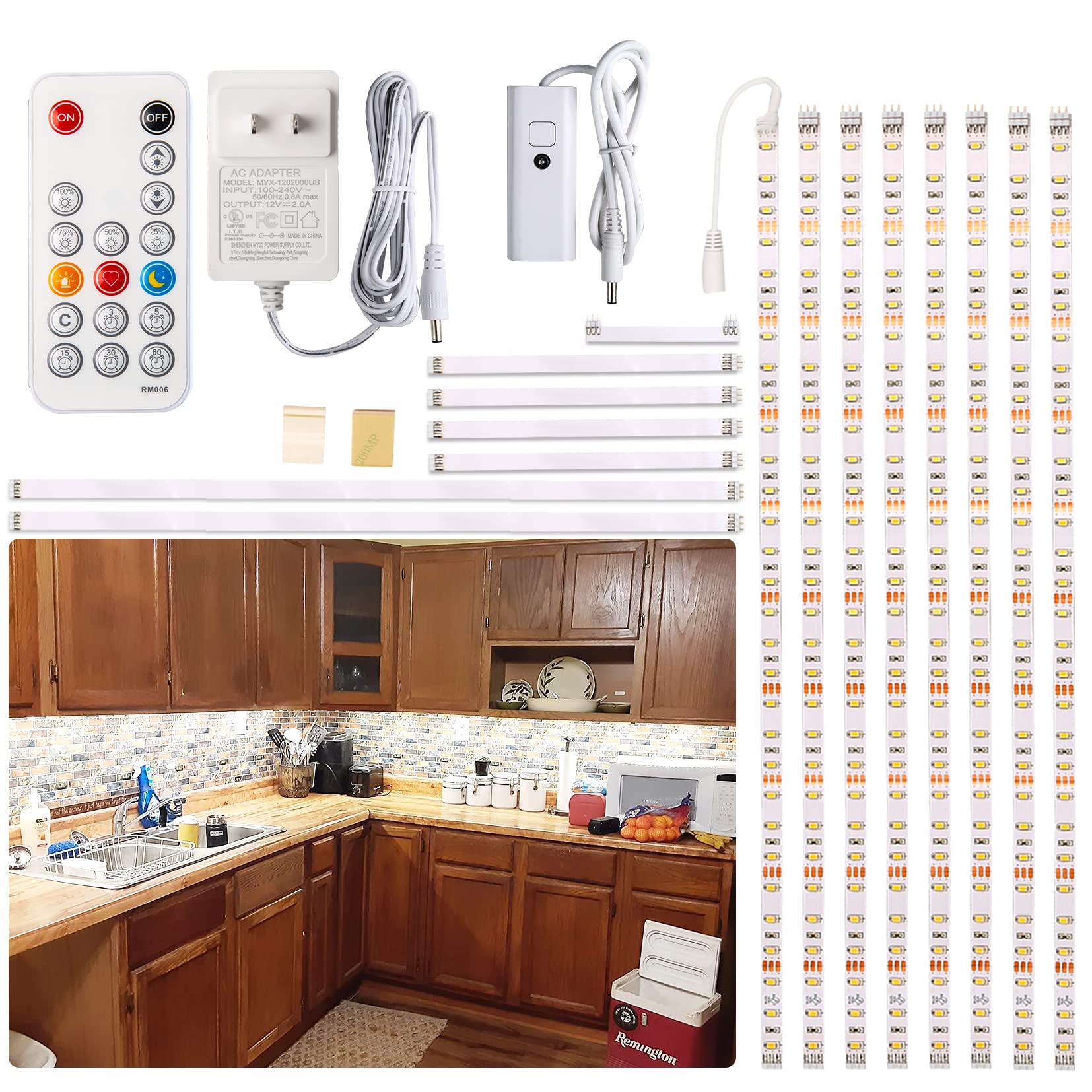 WOBANE Under Cabinet Lights, Kitchen LED Lighting Kit, 8 PCS 20inch LED Strip Light Bars with 24W Plug, RF Remote, Dimmable for Under Counter, Cupboard, Shelf, Showcase, Desk 6500K White,1900LM,13ft