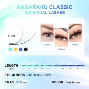 NAGARAKU Eyelash Extensions Dark Brown Color 0.07mm C curl 7-15mm Mix Tray Individual Lashes Classic Faux Mink Volume 20 rows Soft Light