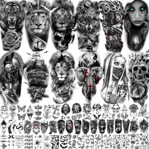 bilizar 63 sheets tribal wolf lion tiger temporary tattoos for men women adults, scary halloween skull gangster fake tattoo stickers kids, small 3d realistic tattoos thigh arm neck elephant warrior