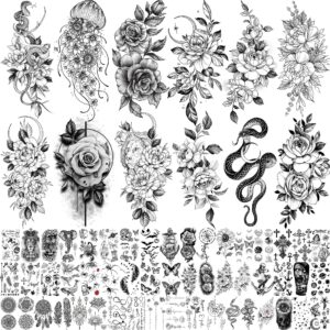 bilizar 64 sheets long lasting flower temporary fake tattoos for women arm neck, jellyfish sunflower moon rose for adults girl, 3d temp realistic snake tatoo stickers serpent peony floral kids