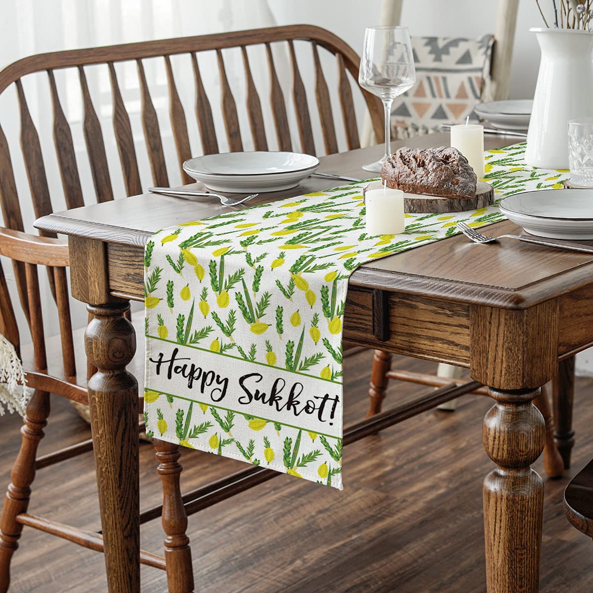 Artoid Mode Happy Sukkot Etrog Table Runner, Sukkah Jewish Holiday Fall Harvest Kitchen Dining Table Decoration for Home Party Decor 13 x 72 Inch